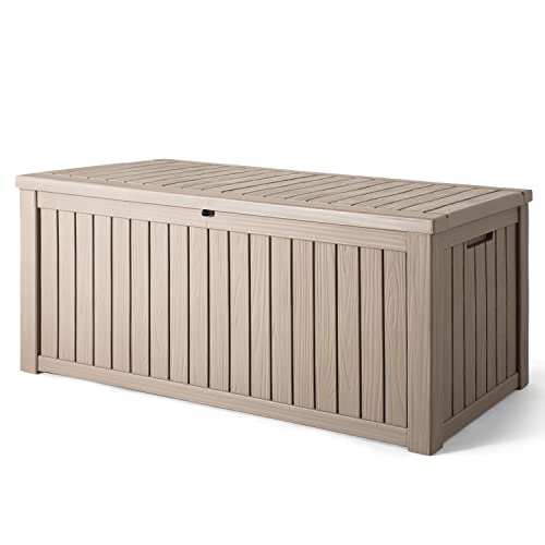 JUMMICO 150 Gallon Resin Deck Box Larage Outdoor Storage Box Waterproof UV Resistant Lockable Storage Container for Patio Furniture, Toys, Cushions, Garden Tools (Yellow)