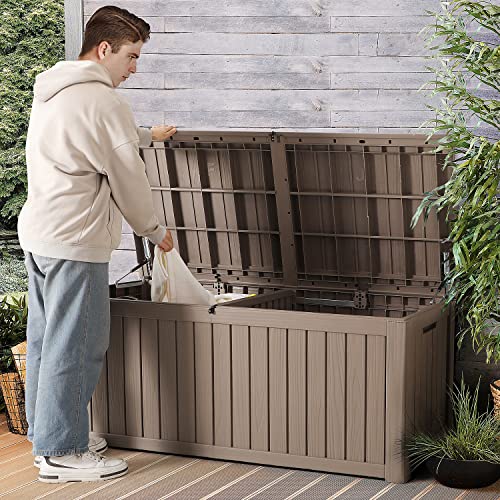 JUMMICO 150 Gallon Resin Deck Box Larage Outdoor Storage Box Waterproof UV Resistant Lockable Storage Container for Patio Furniture, Toys, Cushions, Garden Tools (Yellow)