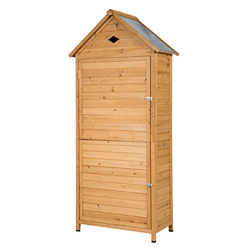 Goplus Outdoor Storage Shed, Lockable Fir Wood Garden Tool Storage Cabinet with Galvanized Sheet Roof for Garden, Yard, Natural Color