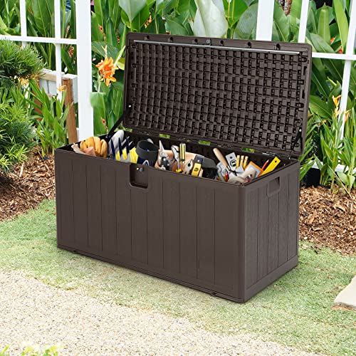 Goplus 105 Gallon Deck Box, Extra Large Resin Storage Box with Lockable Lid for Cushions & Patio Furniture, Water Proof & UV Resistant, Outdoor Weather Resistant Deck Storage Box for Garden Pool Lawn