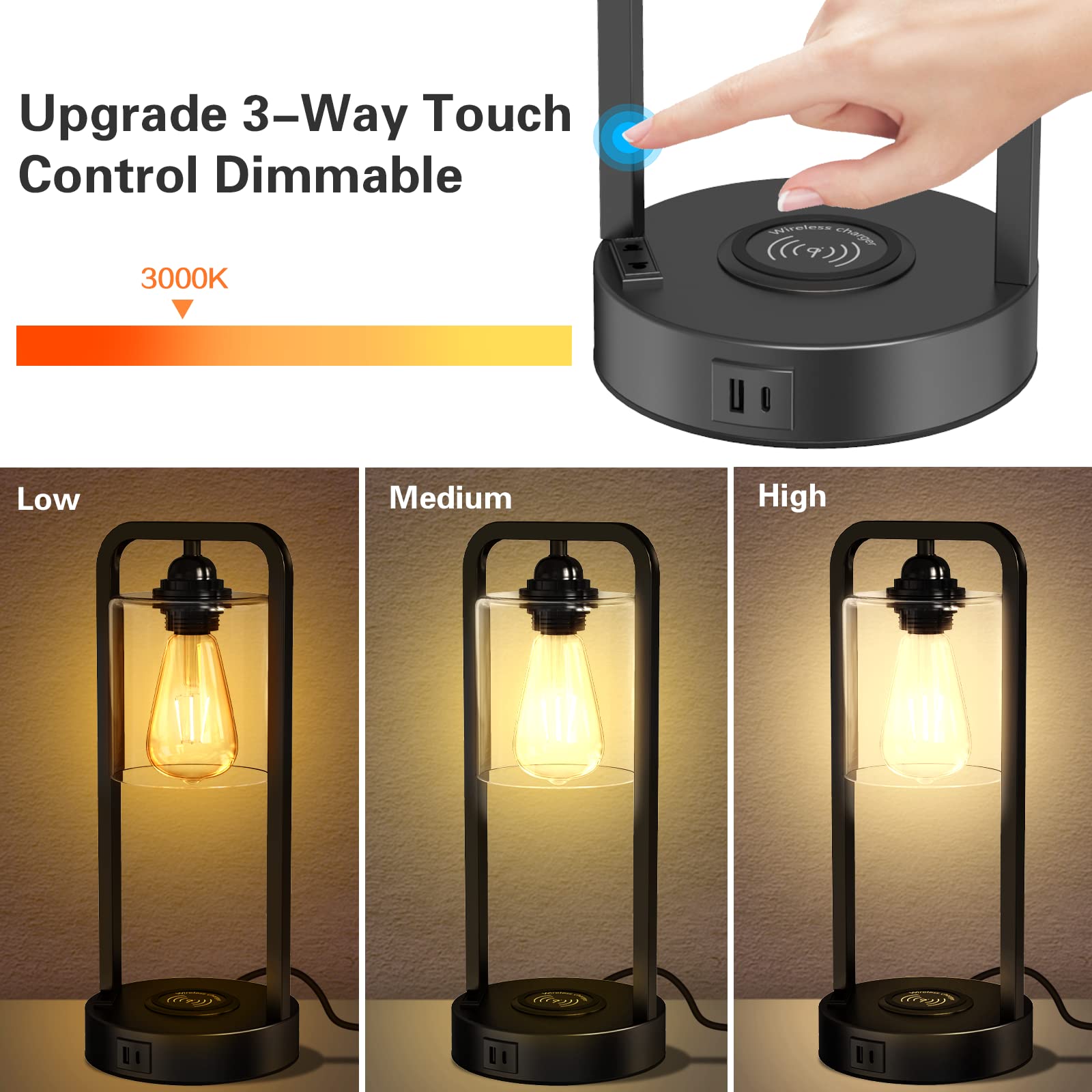 Wireless Charging Table Lamp Set of 2, Touch Control Dimmable Bedside Nightstand Lamps with Type C USB Port + AC Outlet, Glass Shade Desk Lamps Industrial Table Lamps for Bedroom, 6W Bulbs Included