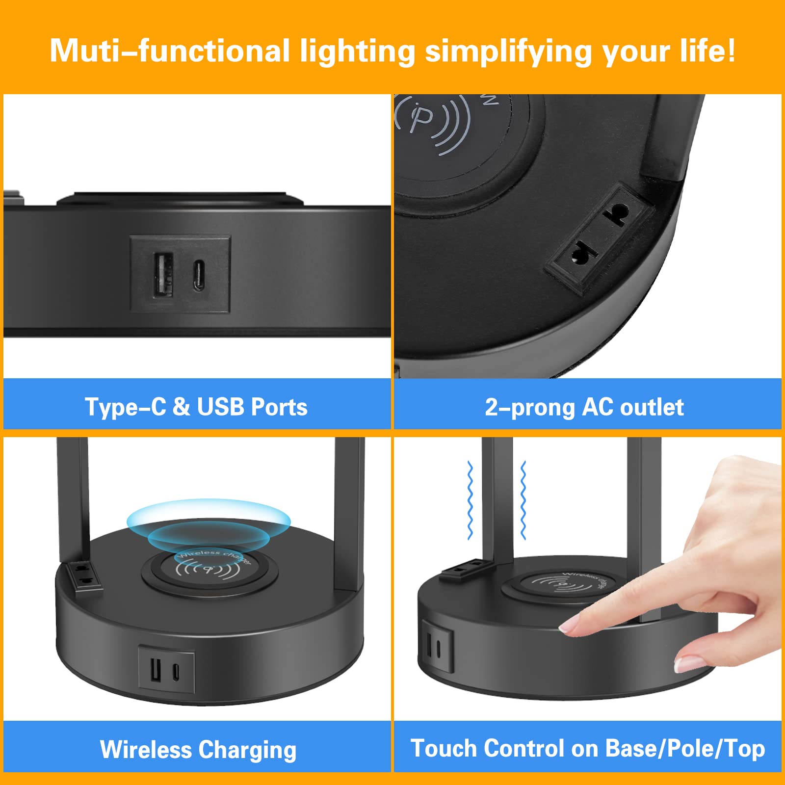 Wireless Charging Table Lamp Set of 2, Touch Control Dimmable Bedside Nightstand Lamps with Type C USB Port + AC Outlet, Glass Shade Desk Lamps Industrial Table Lamps for Bedroom, 6W Bulbs Included