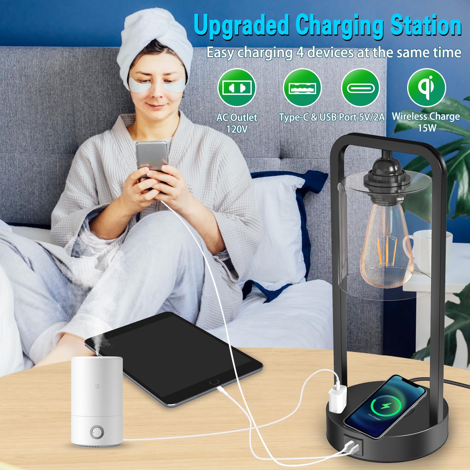 Wireless Charging Table Lamp Set of 2, Touch Control Dimmable Bedside Nightstand Lamps with Type C USB Port + AC Outlet, Glass Shade Desk Lamps Industrial Table Lamps for Bedroom, 6W Bulbs Included