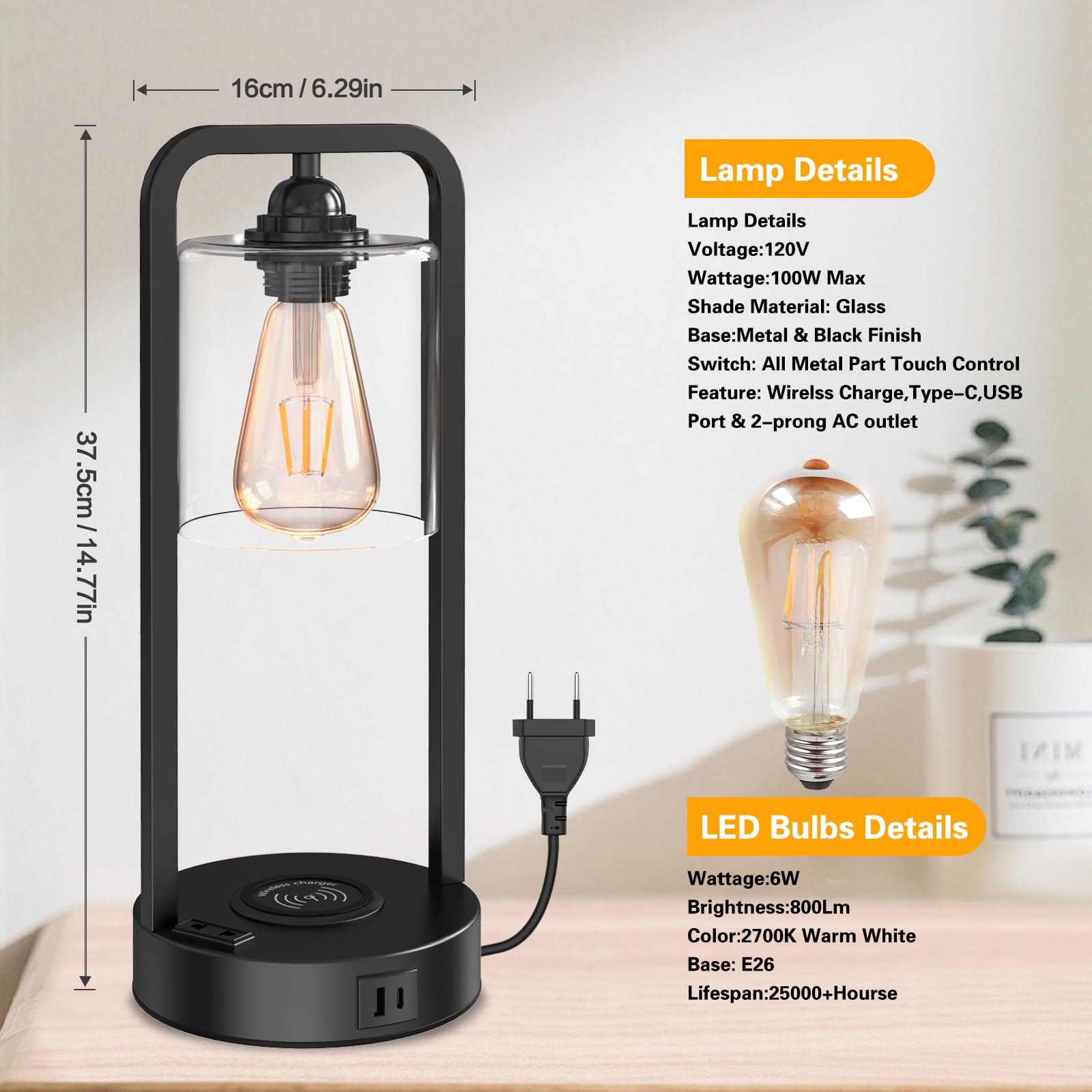 Wireless Charging Table Lamp Set of 2, Touch Control Dimmable Bedside Nightstand Lamps with Type C USB Port + AC Outlet, Glass Shade Desk Lamps Industrial Table Lamps for Bedroom, 6W Bulbs Included