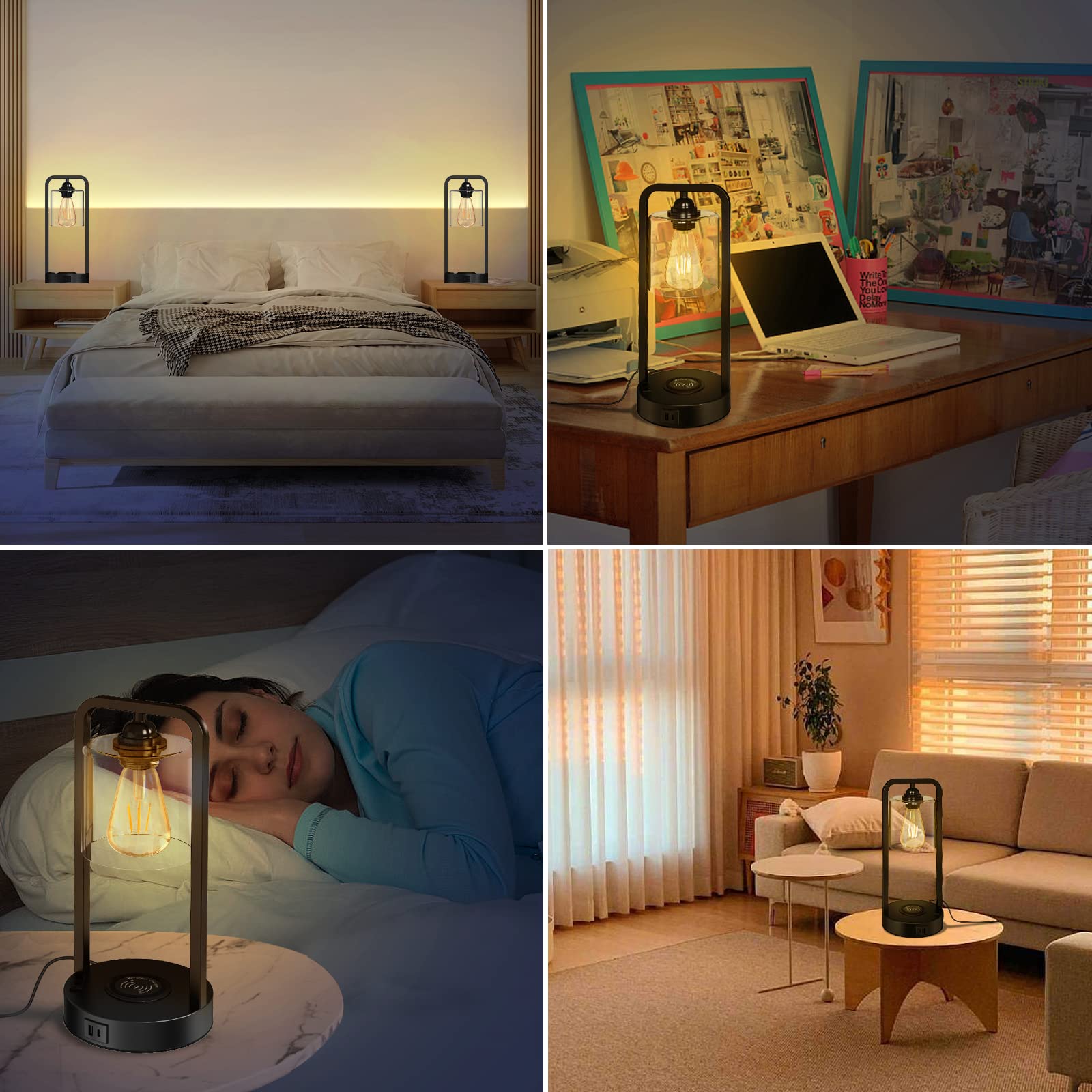Wireless Charging Table Lamp Set of 2, Touch Control Dimmable Bedside Nightstand Lamps with Type C USB Port + AC Outlet, Glass Shade Desk Lamps Industrial Table Lamps for Bedroom, 6W Bulbs Included
