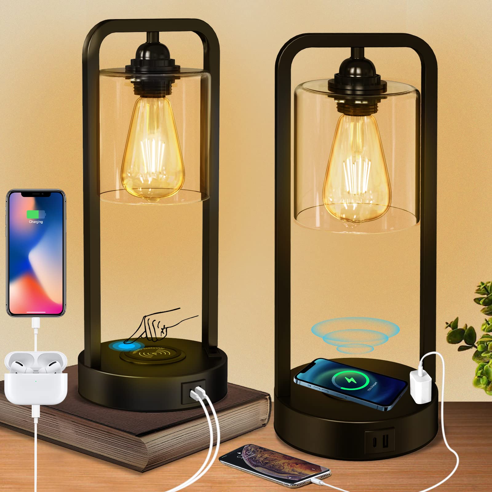 Wireless Charging Table Lamp Set of 2, Touch Control Dimmable Bedside Nightstand Lamps with Type C USB Port + AC Outlet, Glass Shade Desk Lamps Industrial Table Lamps for Bedroom, 6W Bulbs Included