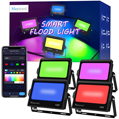 Magizard RGB Flood Light 400W Equivalent 3600LM Outdoor Flood Light LED Color Changing Floodlights Stage Landscape Uplights IP66 Smart Control with Wifi, Music Sync for Garden, Party, Birthday, 4 Pack