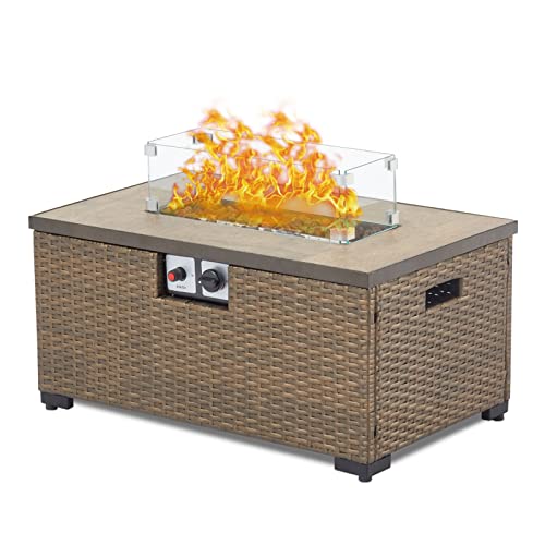 Patio Propane Fire Pit Table - 32 inch Outdoor PE Rattan Rectangle Tan Wicker Gas Fire Table with Ceramic Tile Tabletop, Glass Wind Guard for Outside, Garden, Backyard, Brown