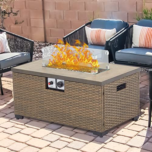 Patio Propane Fire Pit Table - 32 inch Outdoor PE Rattan Rectangle Tan Wicker Gas Fire Table with Ceramic Tile Tabletop, Glass Wind Guard for Outside, Garden, Backyard, Brown