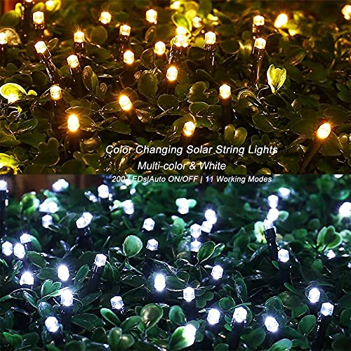 iShabao Solar Color Changing Christmas Lights, 72ft 200 LED White & Warm White Tree Lights, Waterproof 11 Lighting Modes Outdoor Christmas Lights for Yard Garden Holiday Christmas Decorations