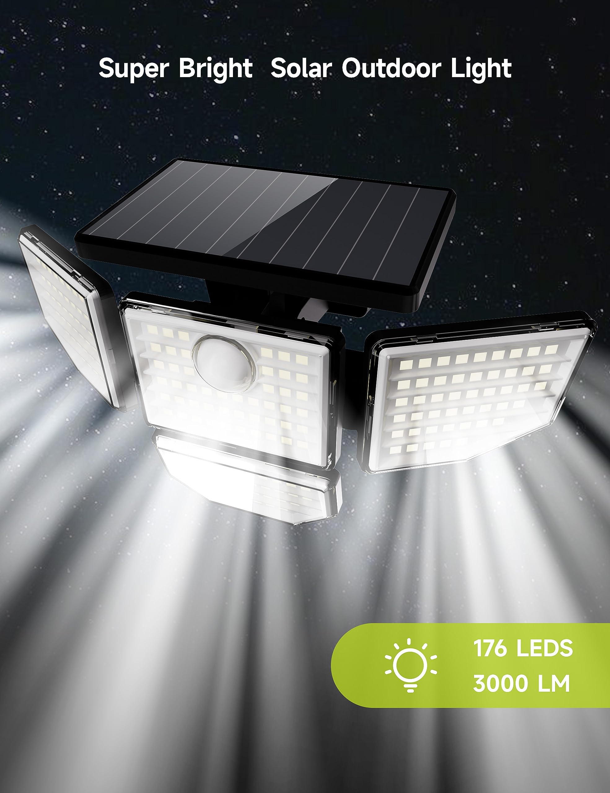 soysout Solar Outdoor Lights, 3000LM 176 LED Security Lights with Remote Control, 4 Heads Motion Sensor Lights, IP65 Waterproof Outdoor Floodlights