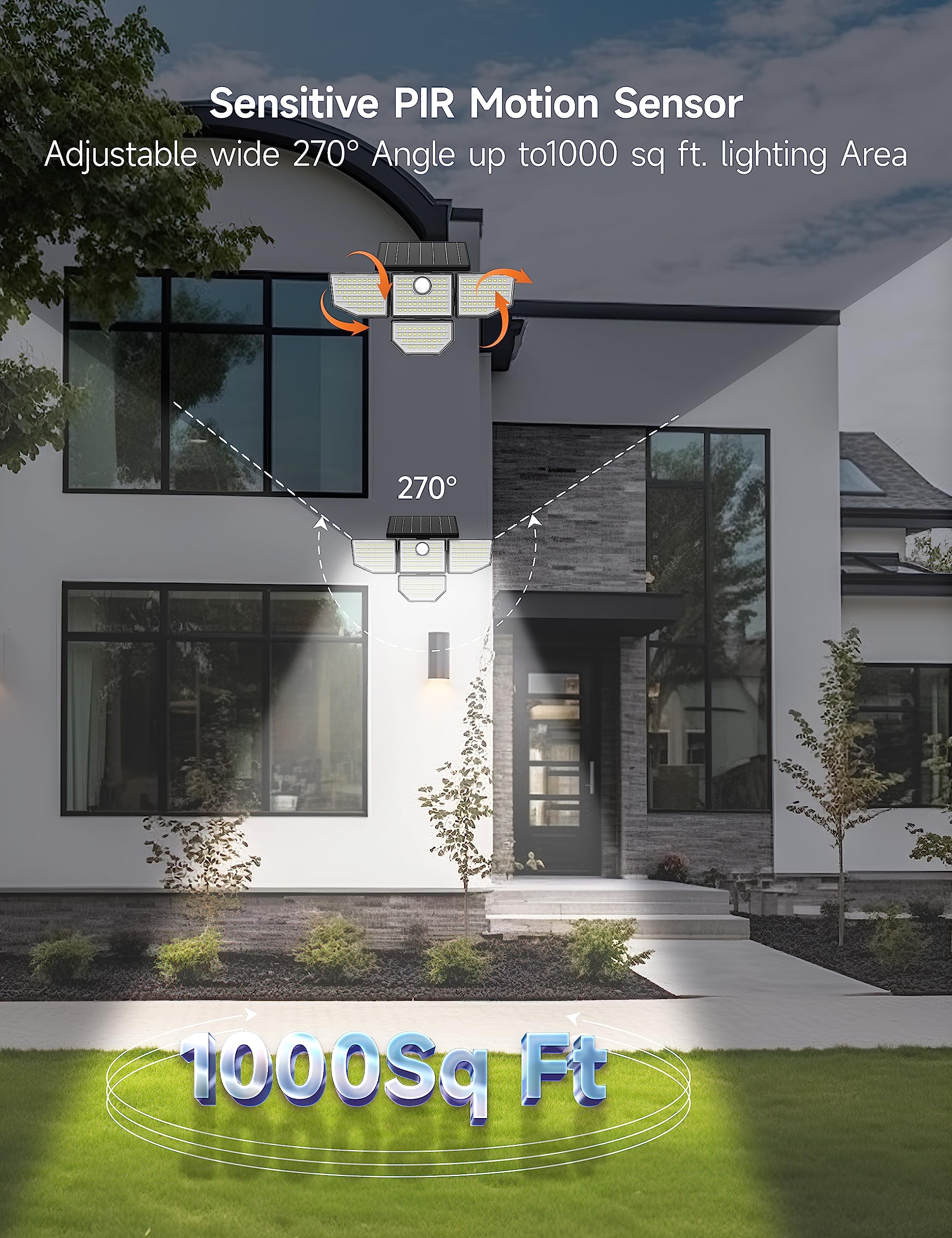 soysout Solar Outdoor Lights, 3000LM 176 LED Security Lights with Remote Control, 4 Heads Motion Sensor Lights, IP65 Waterproof Outdoor Floodlights