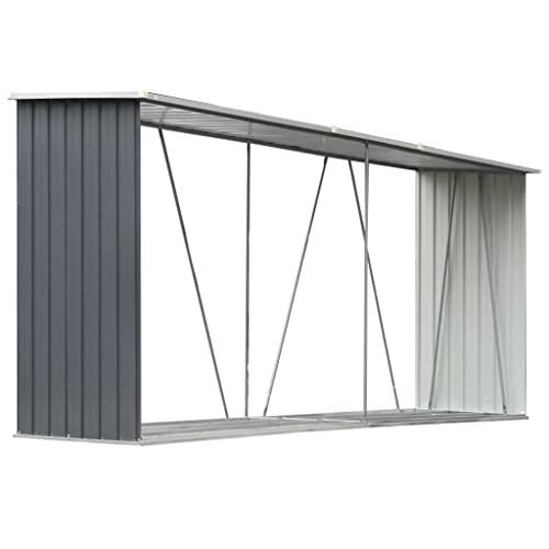 vidaXL Garden Log Storage Shed Heavy Duty Outdoor Backyard Timber Storage Cabin Firewood House Galvanized Steel 129.9" Gray