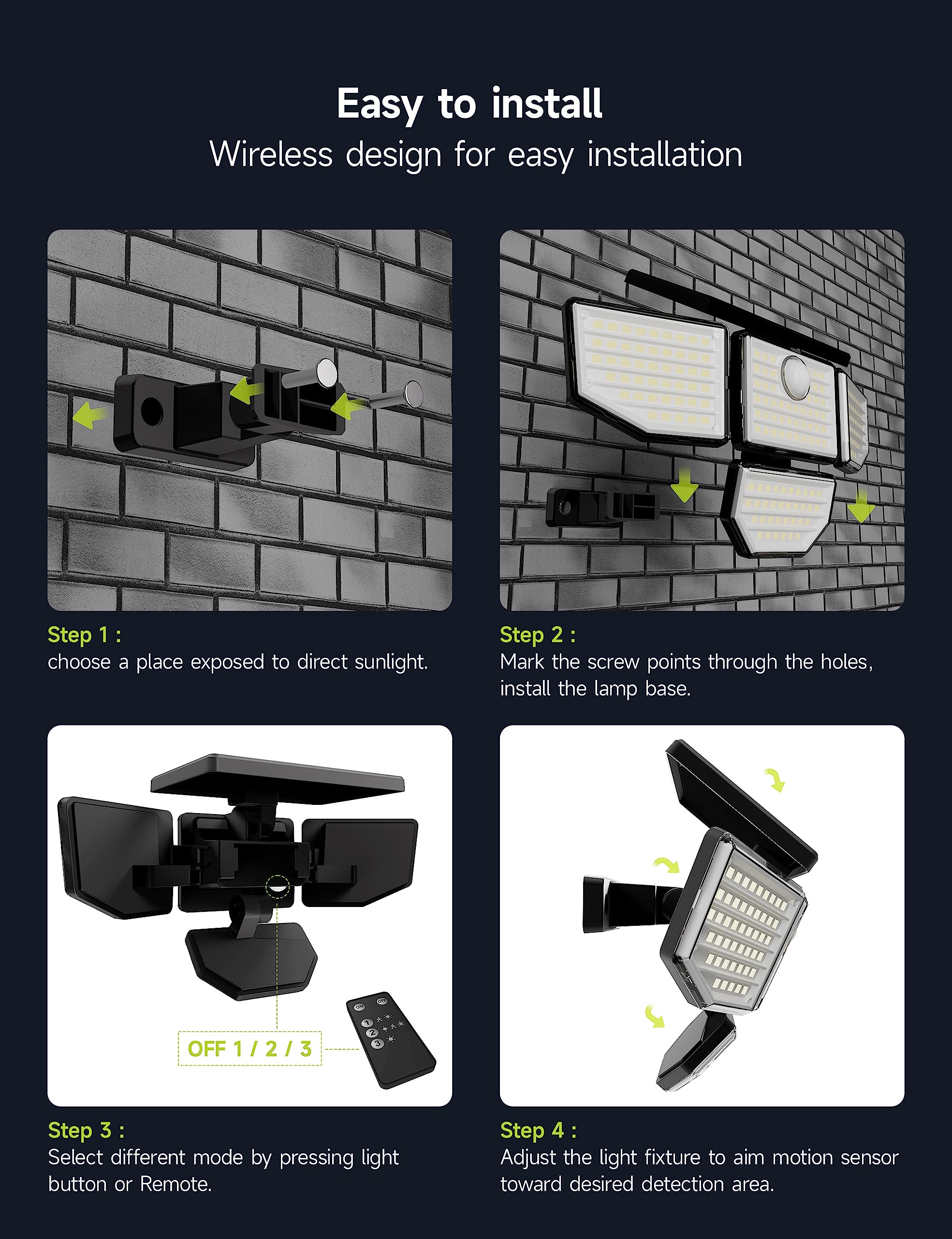 soysout Solar Outdoor Lights, 3000LM 176 LED Security Lights with Remote Control, 4 Heads Motion Sensor Lights, IP65 Waterproof Outdoor Floodlights