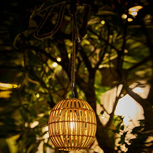 Livinlarge Hanging Solar Lantern Outdoor Waterproof, Large Solar Rattan Lantern Outdoor with Twine Handle, Bright Solar Outdoor Lights with Edison Bulb for Garden Patio Yard Decoration