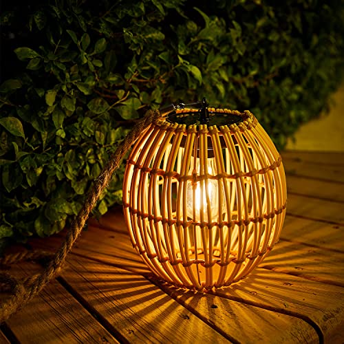 Livinlarge Hanging Solar Lantern Outdoor Waterproof, Large Solar Rattan Lantern Outdoor with Twine Handle, Bright Solar Outdoor Lights with Edison Bulb for Garden Patio Yard Decoration