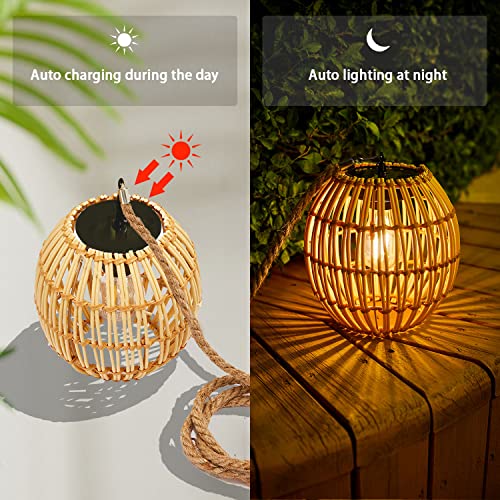 Livinlarge Hanging Solar Lantern Outdoor Waterproof, Large Solar Rattan Lantern Outdoor with Twine Handle, Bright Solar Outdoor Lights with Edison Bulb for Garden Patio Yard Decoration