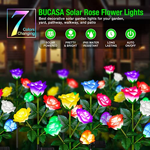 BUCASA Solar Garden Lights Outdoor 4 Pack, Upgraded Waterproof Solar Powered Outdoor Lights with 16 Rose Flowers, Bright Color Changing Solar Flower Lights for Pathway Walkway Patio Yard Lawn