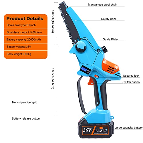 Mini Chainsaw,6 Inch Mini Chainsaw Cordless,36V Battery Chainsaw with Security Lock,Handheld Electric Chainsaw Cordless for Tree Trimming Branch Wood Cutting 2 Batteries, 2 Chains Included