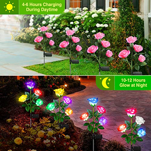 BUCASA Solar Garden Lights Outdoor 4 Pack, Upgraded Waterproof Solar Powered Outdoor Lights with 16 Rose Flowers, Bright Color Changing Solar Flower Lights for Pathway Walkway Patio Yard Lawn