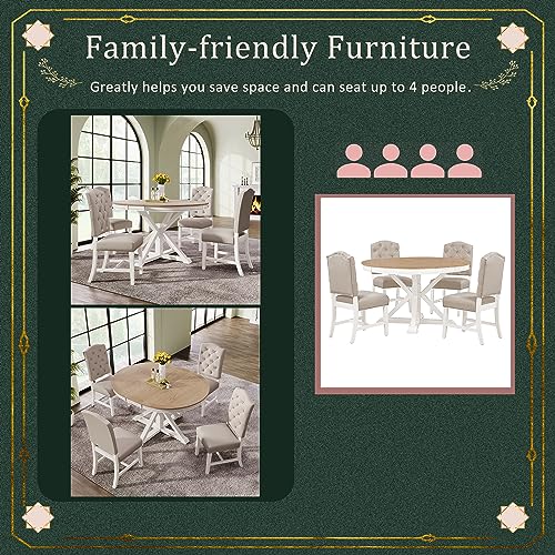 Dinehome 5-Piece Retro Style Extendable Round Dining Table Set with 4 Upholstered Chairs, Oak Natural Wood + Off White