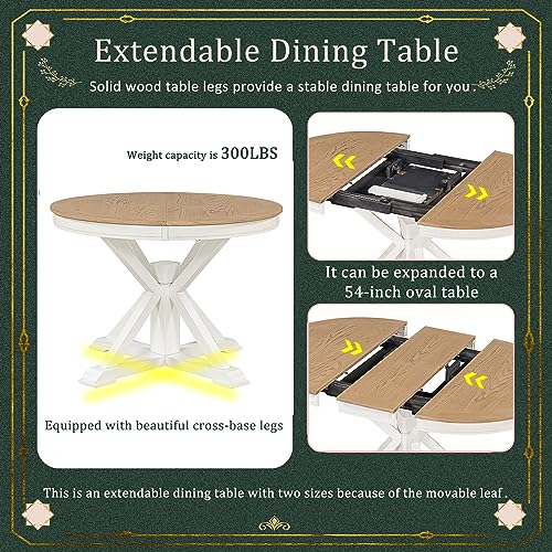 Dinehome 5-Piece Retro Style Extendable Round Dining Table Set with 4 Upholstered Chairs, Oak Natural Wood + Off White