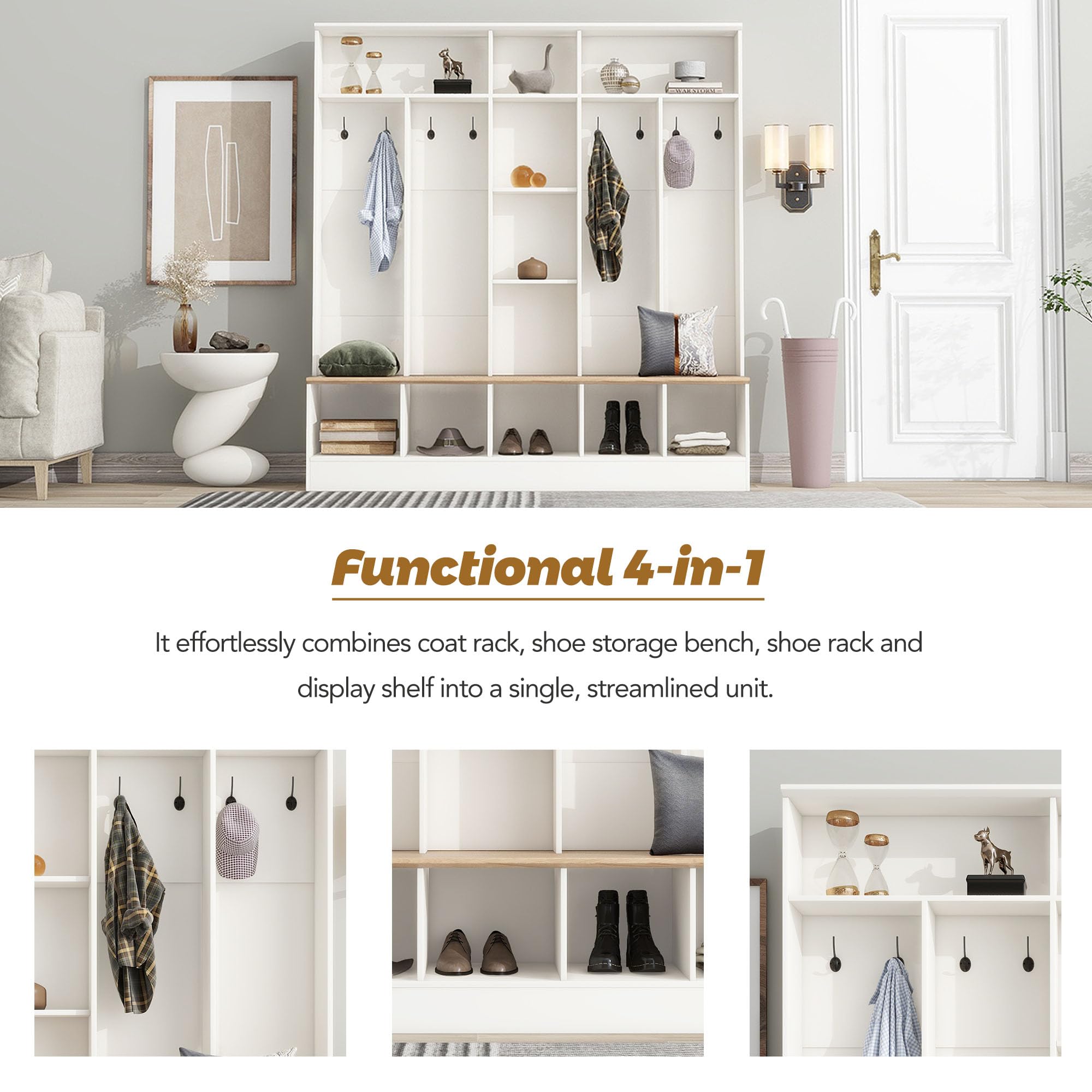 SHMAO Modern Hall Tree with Storage Bench, 4-in-1 Entryway Bench with Coat Rack, 8 Metal Hooks Tall Hall Tree with Shelves, Bottom Shoe Cubby Home Entryway Furniture for Hallway, Bedroom, 72" H White