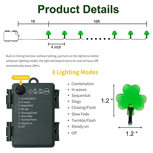 LJLNION St. Patricks Day String Lights Outdoor, 50 LED 16 FT Shamrocks Decorative Green Leaf Lights Battery Operated, 8 Lighting Modes & Timer, Waterproof for Home Garden Party Decoration, 2 Pack