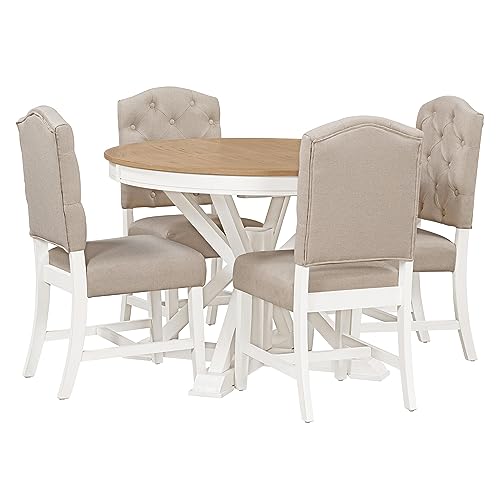 Dinehome 5-Piece Retro Style Extendable Round Dining Table Set with 4 Upholstered Chairs, Oak Natural Wood + Off White