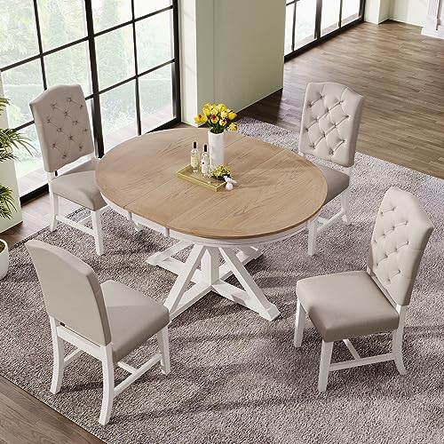 Dinehome 5-Piece Retro Style Extendable Round Dining Table Set with 4 Upholstered Chairs, Oak Natural Wood + Off White