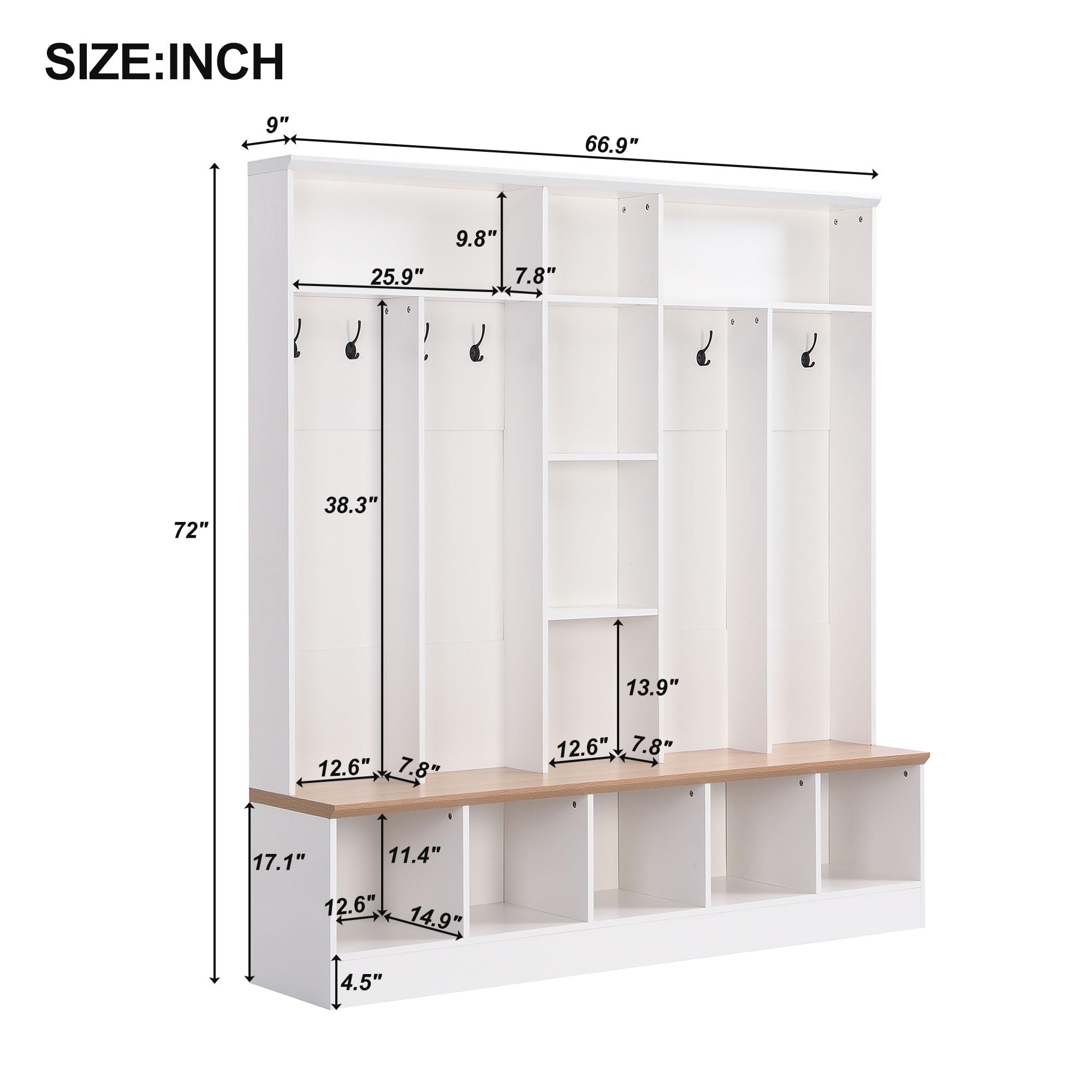 SHMAO Modern Hall Tree with Storage Bench, 4-in-1 Entryway Bench with Coat Rack, 8 Metal Hooks Tall Hall Tree with Shelves, Bottom Shoe Cubby Home Entryway Furniture for Hallway, Bedroom, 72" H White