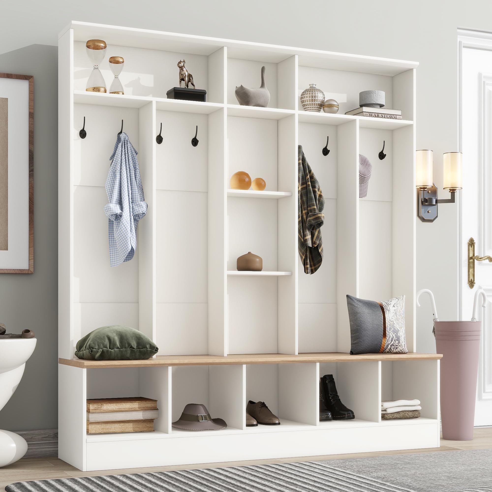SHMAO Modern Hall Tree with Storage Bench, 4-in-1 Entryway Bench with Coat Rack, 8 Metal Hooks Tall Hall Tree with Shelves, Bottom Shoe Cubby Home Entryway Furniture for Hallway, Bedroom, 72" H White