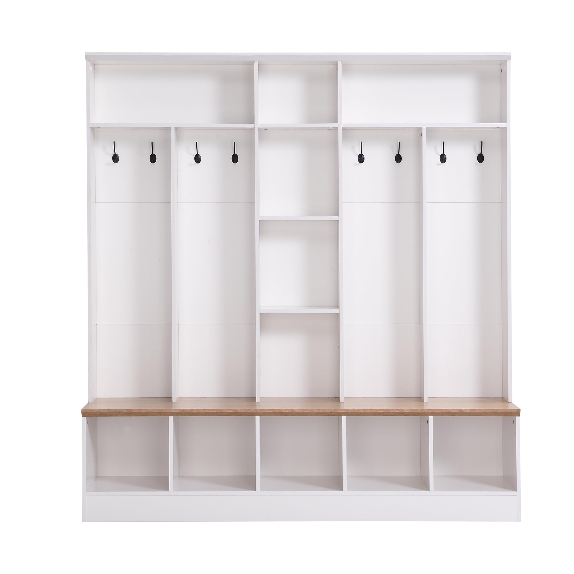 SHMAO Modern Hall Tree with Storage Bench, 4-in-1 Entryway Bench with Coat Rack, 8 Metal Hooks Tall Hall Tree with Shelves, Bottom Shoe Cubby Home Entryway Furniture for Hallway, Bedroom, 72" H White