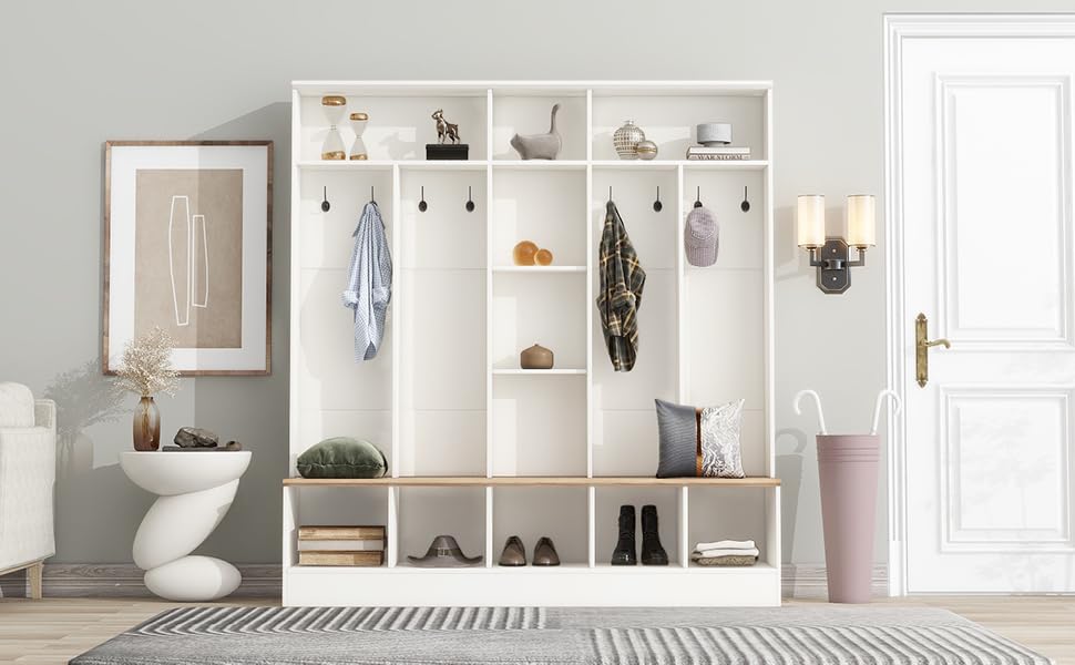 SHMAO Modern Hall Tree with Storage Bench, 4-in-1 Entryway Bench with Coat Rack, 8 Metal Hooks Tall Hall Tree with Shelves, Bottom Shoe Cubby Home Entryway Furniture for Hallway, Bedroom, 72" H White