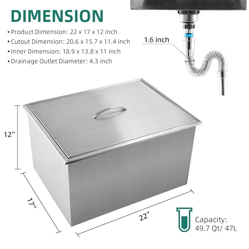 YITAHOME Drop in Ice Chest 47L/ 49.7Qt, 22''L x 17''W x 12''H with Cover, 304 Stainless Steel Drop in Cooler, Drop in Ice Bin for Cold Wine Beer, Included Drain pipe and Drain Plug