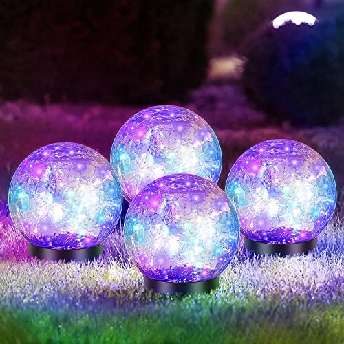 JCDZ 4 Pcs Garden Solar Lights Decorative, Cracked Glass Ball Solar Globe Lights, LED Colored Garden Globes Outdoor for Yard Waterproof Back Yard Landscaping Flower Bed Patio Lawn Decor