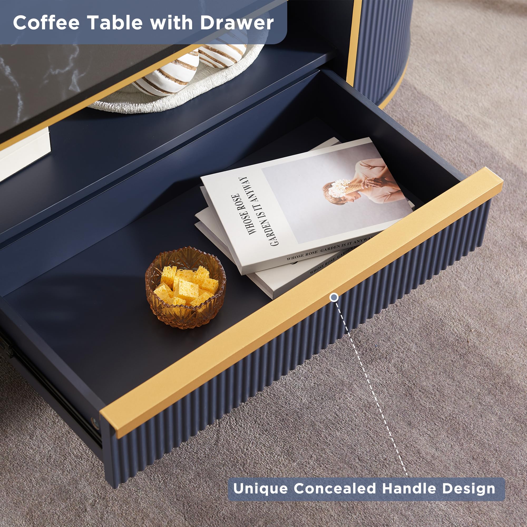 OKD Modern Coffee Table, 48" Oval Coffee Table with Storage, Sliding Drawer, Open Shelf, Center Table for Living Room, Dark Blue