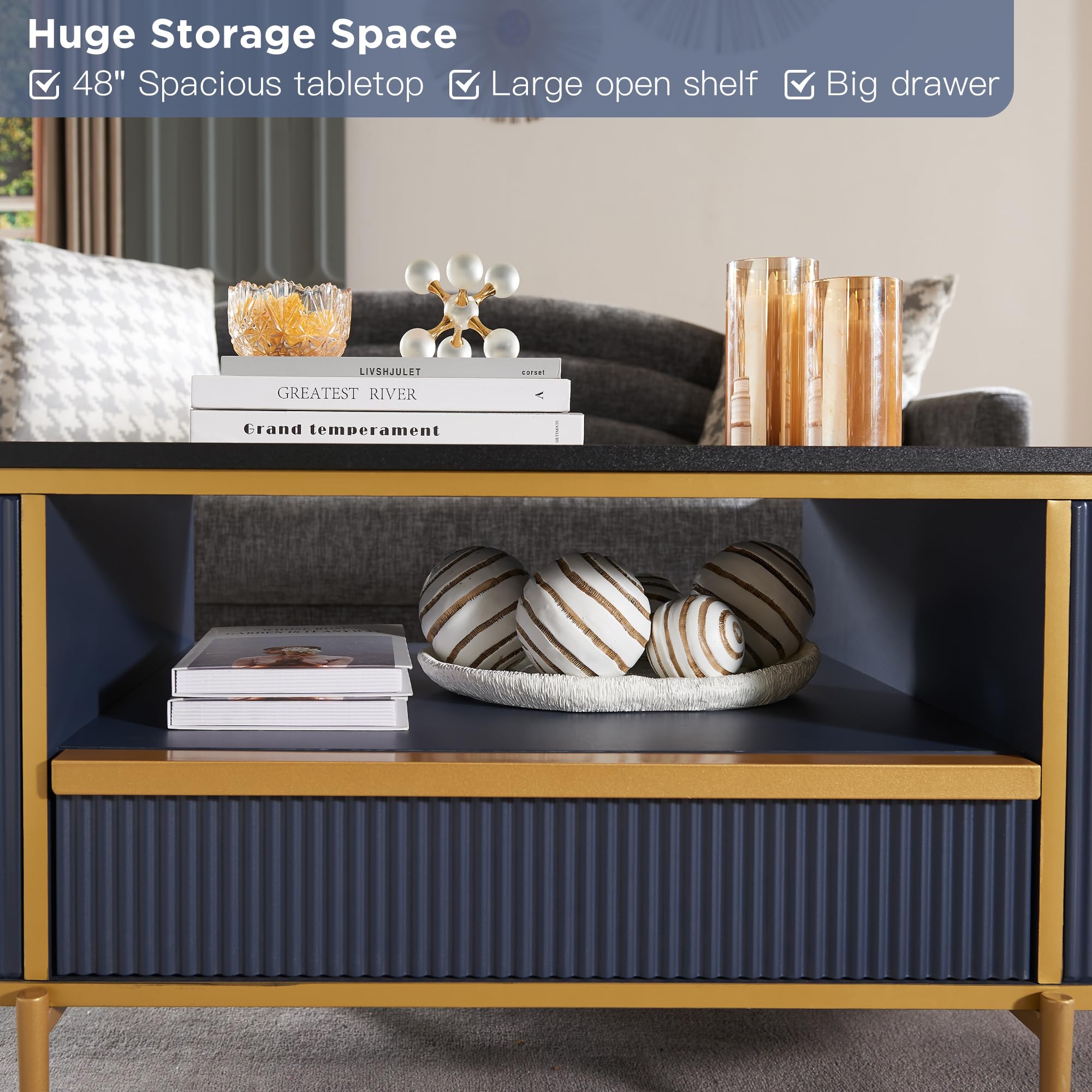 OKD Modern Coffee Table, 48" Oval Coffee Table with Storage, Sliding Drawer, Open Shelf, Center Table for Living Room, Dark Blue
