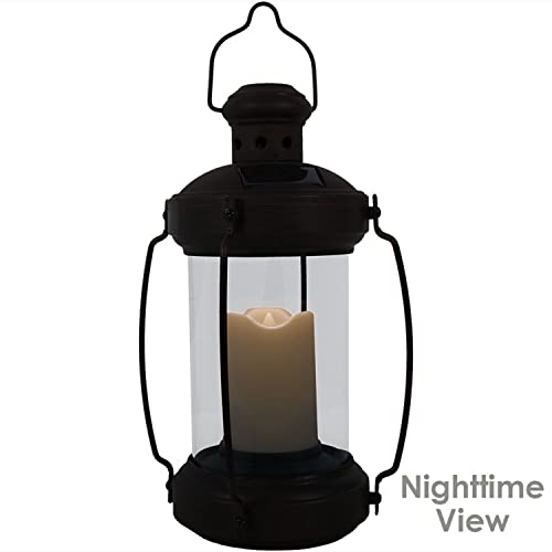 Sunnydaze Hanging Solar Light with LED Light and Candle - 12-Inch Outdoor Solar Lantern - Antique Outdoor Decoration for Patio, Porch, Deck, Garden or Backyard