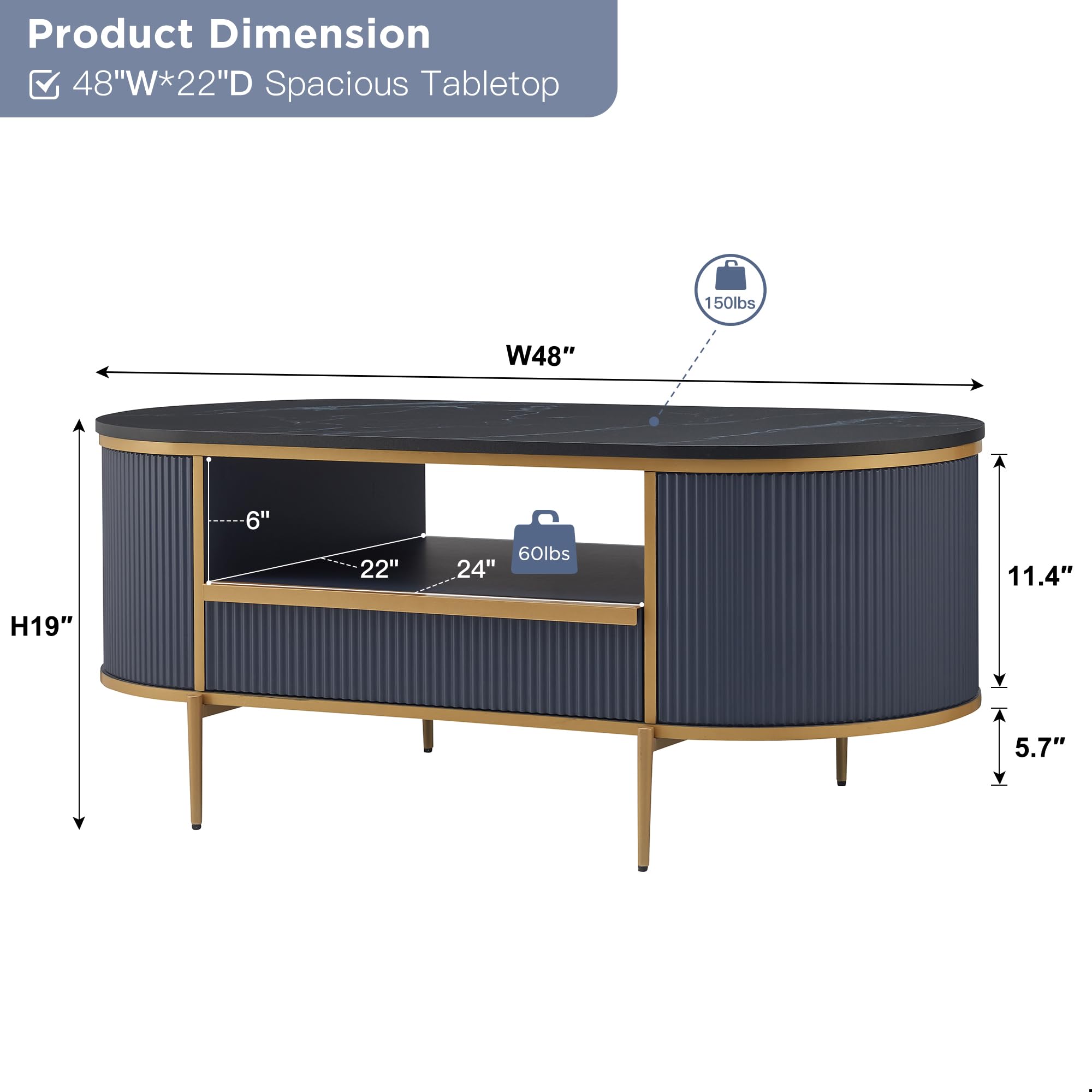 OKD Modern Coffee Table, 48" Oval Coffee Table with Storage, Sliding Drawer, Open Shelf, Center Table for Living Room, Dark Blue