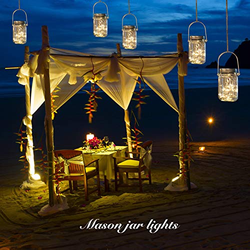 6 Pack Solar Mason Jar Lights With 6 Handle/2 Fairy Sticker, 30 LED Solar Mason Jar Lids Fairy Lights Outdoor For Party Patio Garden Decor Solar Fairy Lanterns Table Lights Warm White(No Jars)