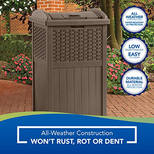 Suncast 4 Panel Reversible Outdoor Screen Enclosure, 44" (H) x 23" (W) per, White & 33 Gallon Hideaway Can Resin Outdoor Trash with Lid Use in Backyard, Deck, or Patio, 33-Gallon, Brown