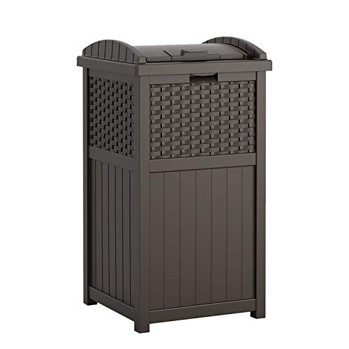 Suncast 4 Panel Reversible Outdoor Screen Enclosure, 44" (H) x 23" (W) per, White & 33 Gallon Hideaway Can Resin Outdoor Trash with Lid Use in Backyard, Deck, or Patio, 33-Gallon, Brown