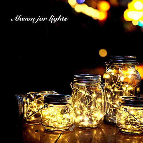 6 Pack Solar Mason Jar Lights With 6 Handle/2 Fairy Sticker, 30 LED Solar Mason Jar Lids Fairy Lights Outdoor For Party Patio Garden Decor Solar Fairy Lanterns Table Lights Warm White(No Jars)