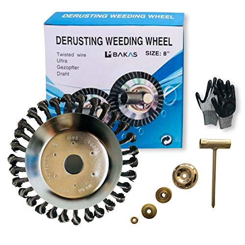 MBAKAS 8 inch Steel Wire Wheel Brush Grass Cutter Trimmer Wire brush Trimmer Head Replacement Garden Grass Weed Cutter With Adapter Kit And Work Gloves, Rust Removal, Paving Stone, Pavement Driveway.