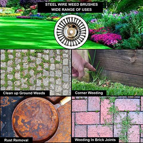 MBAKAS 8 inch Steel Wire Wheel Brush Grass Cutter Trimmer Wire brush Trimmer Head Replacement Garden Grass Weed Cutter With Adapter Kit And Work Gloves, Rust Removal, Paving Stone, Pavement Driveway.
