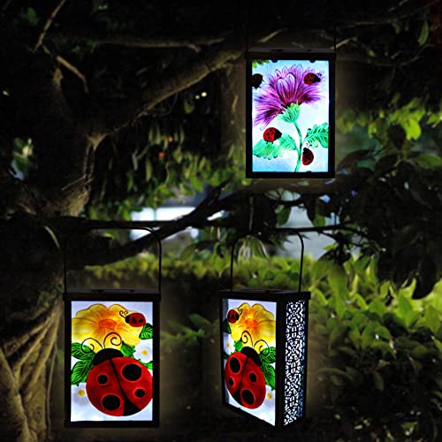 SUBOLO Hanging Solar Lantern Outdoor Garden Metal Glass Ladybug Pattern LED Light Solar Powered Waterproof Landscape Table Lamp for Patio, Yard and Pathway - 1 Pc