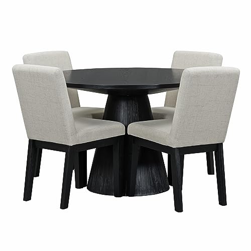 FIQHOME Round Set 5 Piece Retro Style, Wood 4,Kitchen Table and 4 Upholstered Chairs for Living, Dining Room,Black