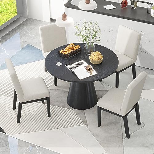 FIQHOME Round Set 5 Piece Retro Style, Wood 4,Kitchen Table and 4 Upholstered Chairs for Living, Dining Room,Black