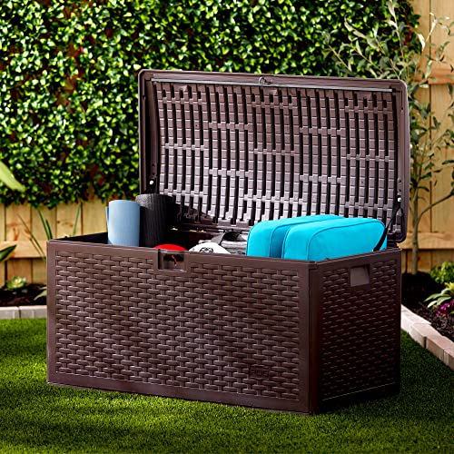 Plastic Development Group Multipurpose 73 Gallon Resin Outdoor Backyard Patio Storage Deck Box Container with Soft Close Lid, Java Brown